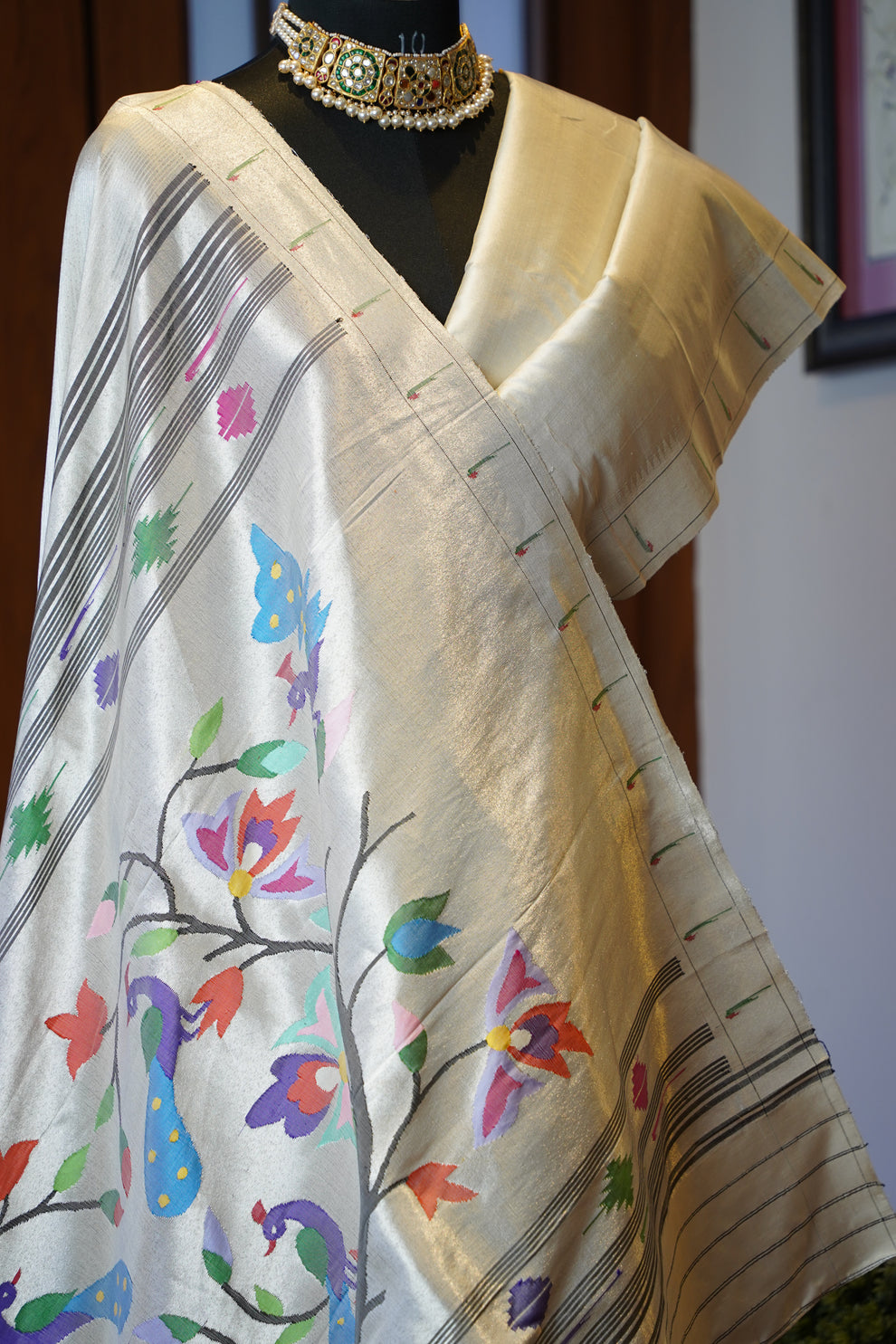 White & Silver Tissue Paithani with Tree of Life Pallu ...