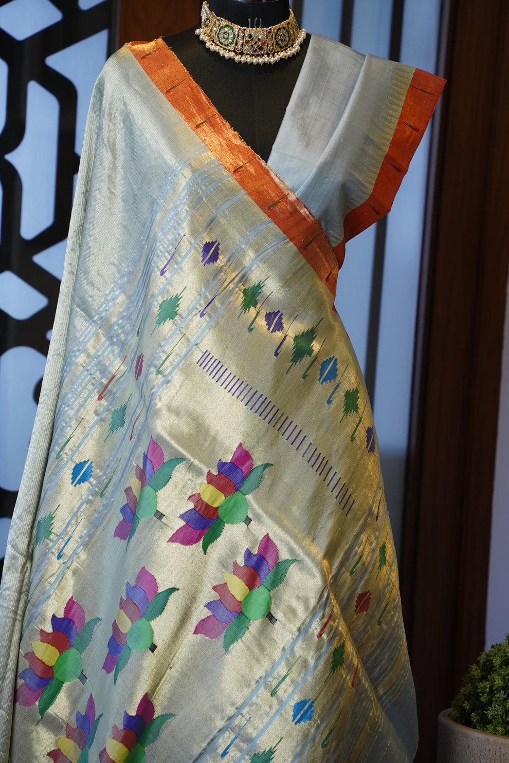 Ice Grey & Gold Tissue Paithani with Contrasting Muniya Border & Lotus ...