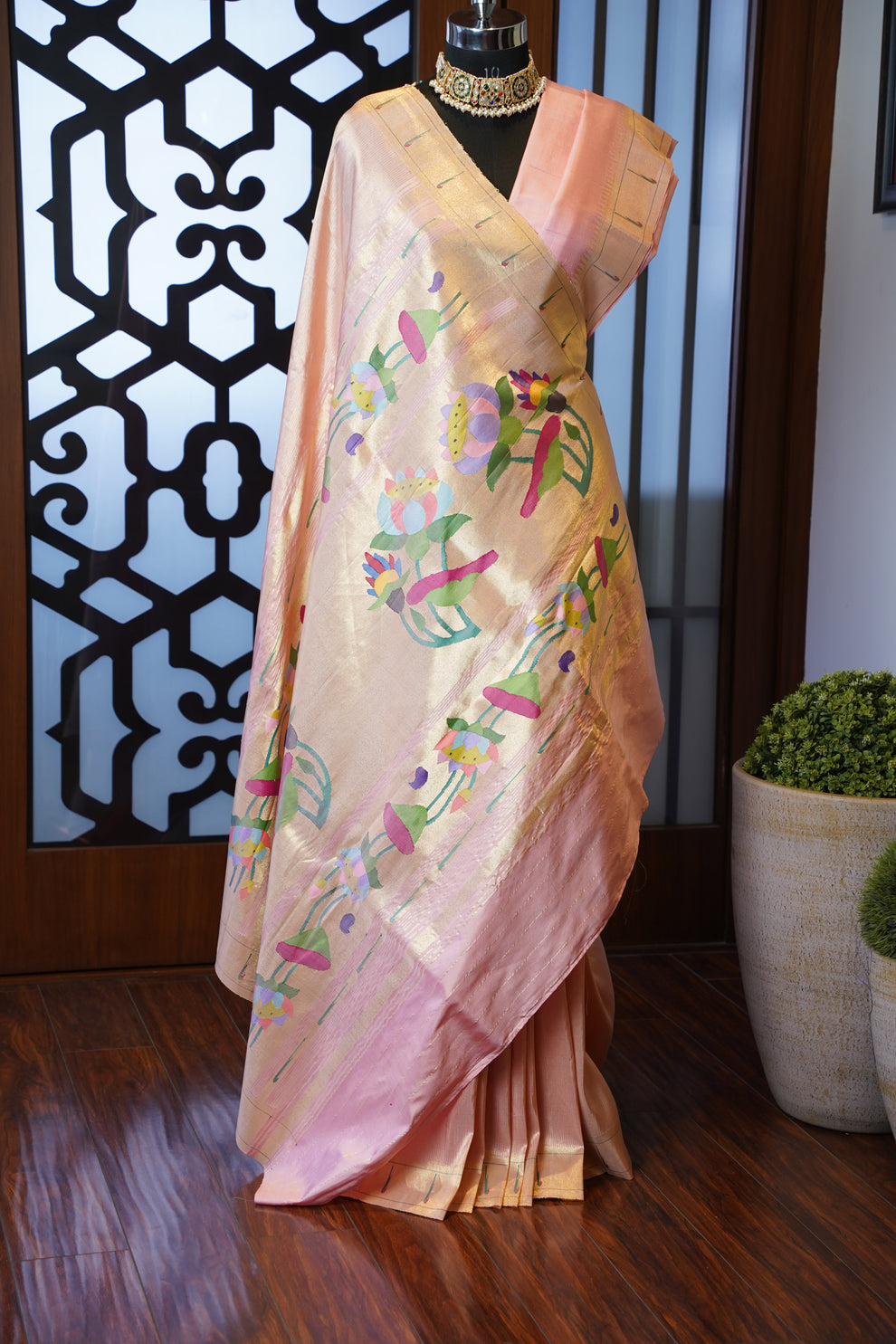 Baby Pink & Gold Tissue Paithani with Lotus Pallu ...