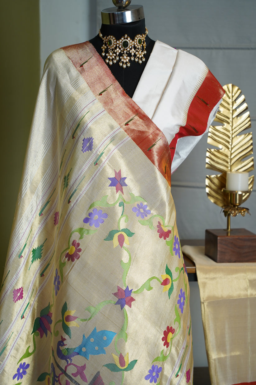 White & Gold Tissue Paithani with Red Muniya Border & Peacock Pallu ...