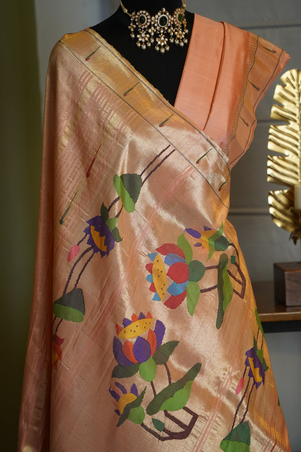 Peach & Gold Tissue Paithani with Lotus Pallu – Paithanisbymrugakirloskar