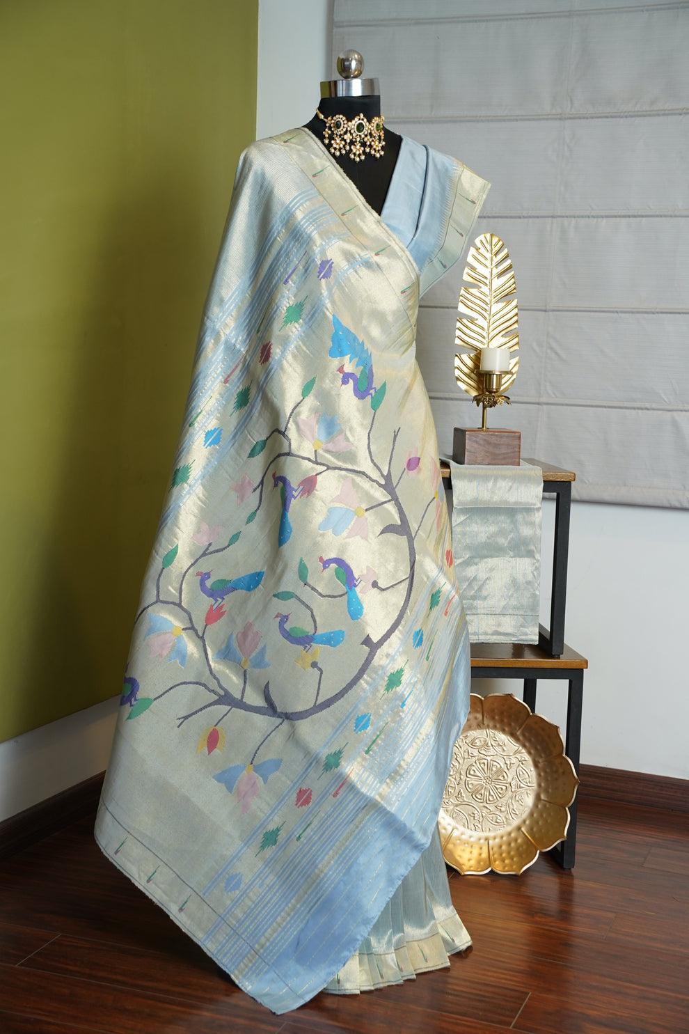 Dull Blue & Gold Tissue Paithani with Double Peacock Pallu ...