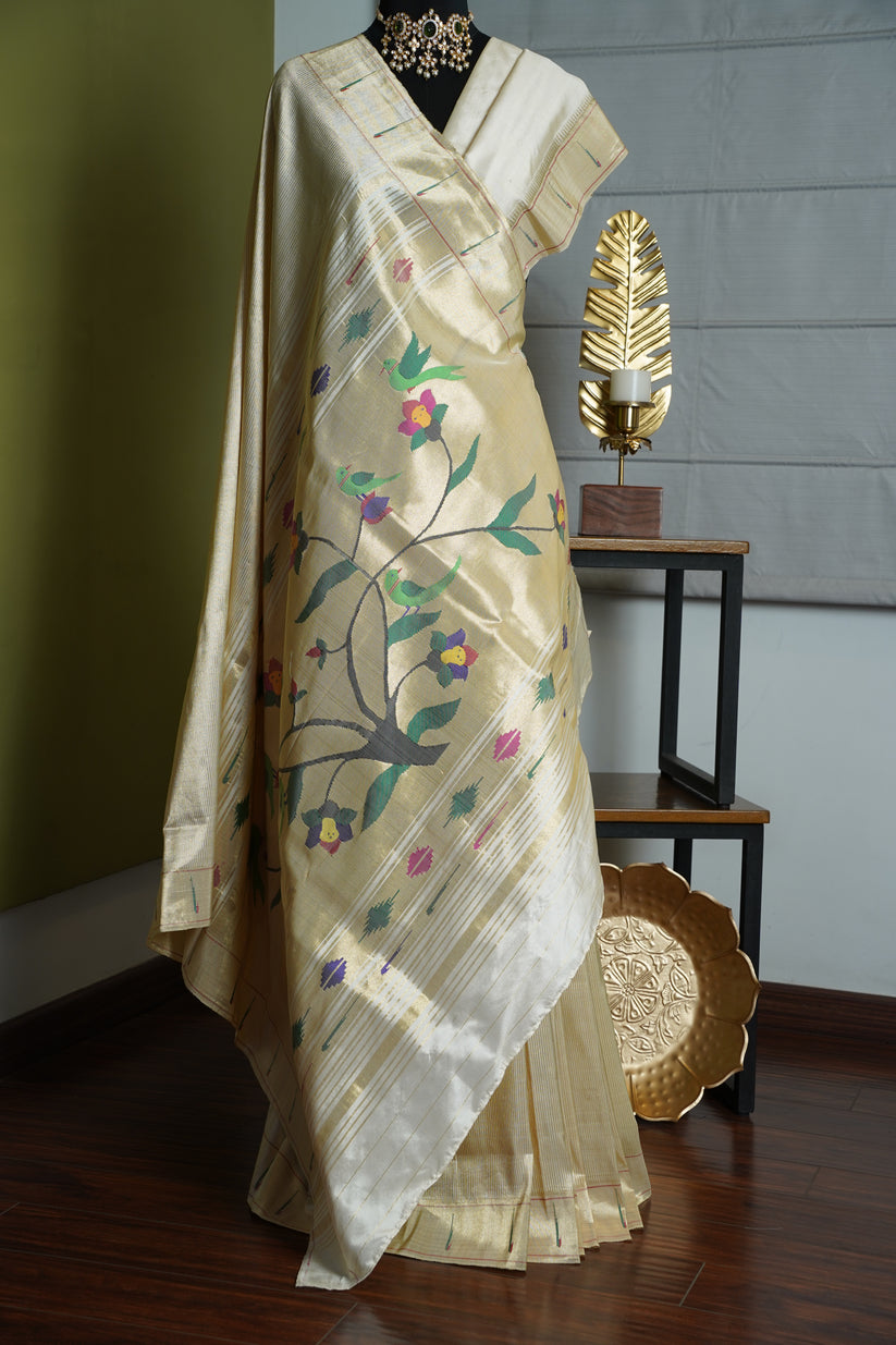 White & Gold Tissue Paithani with Parrots Pallu – Paithanisbymrugakirloskar